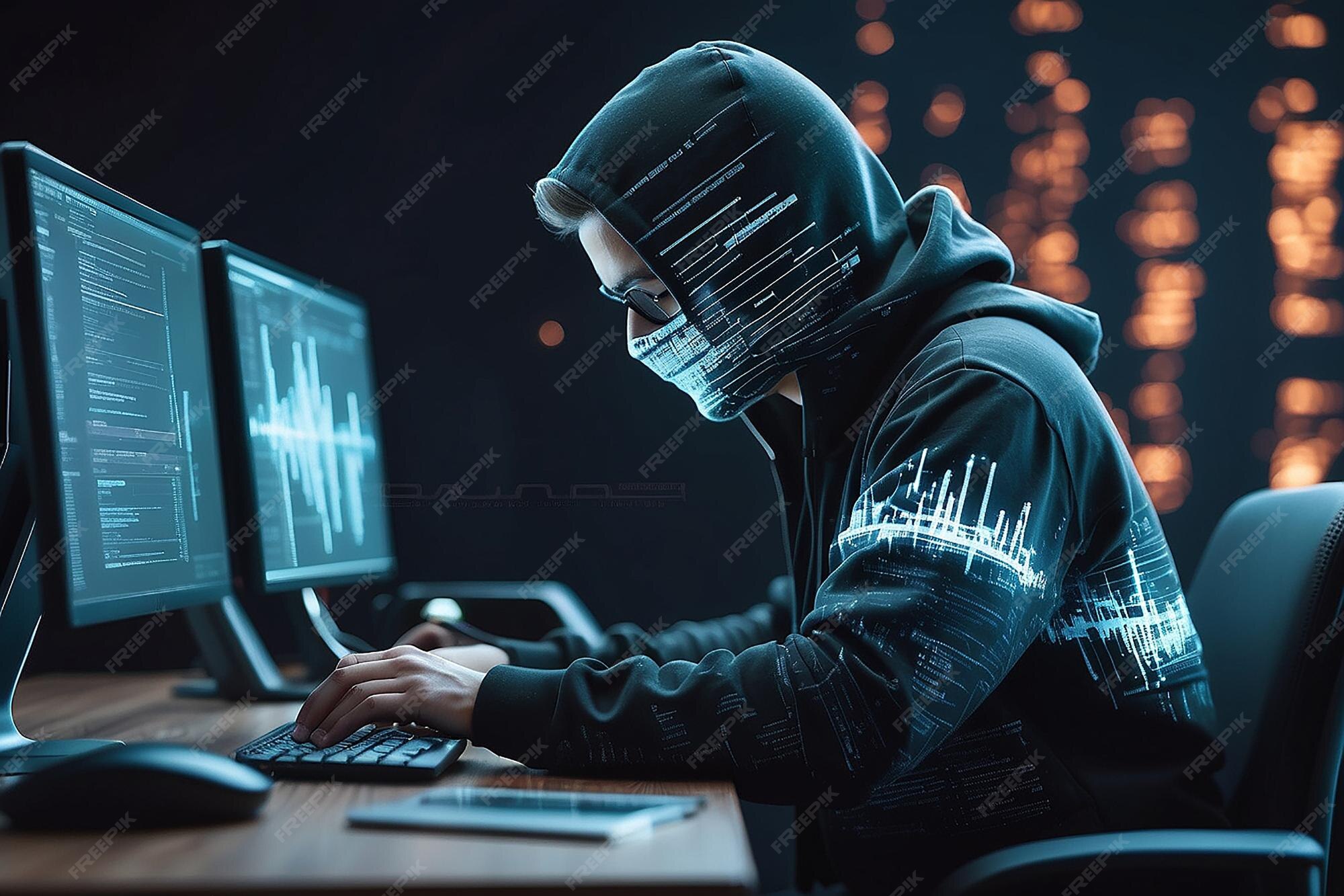 Premium Photo | Side view of hacker using computers at desk with creative digital programming ...