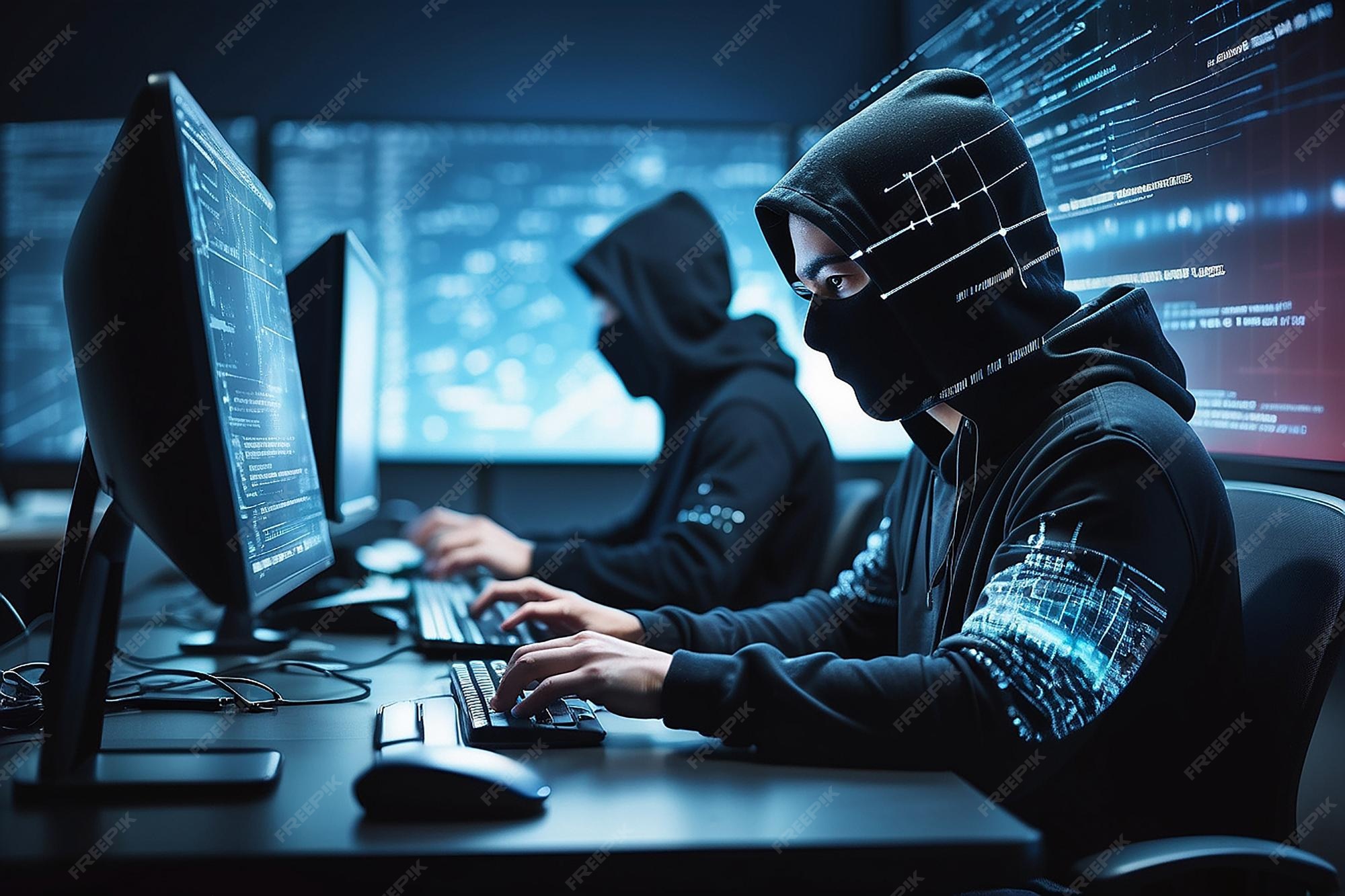 Premium Photo | Side view of hacker using computers at desk with ...