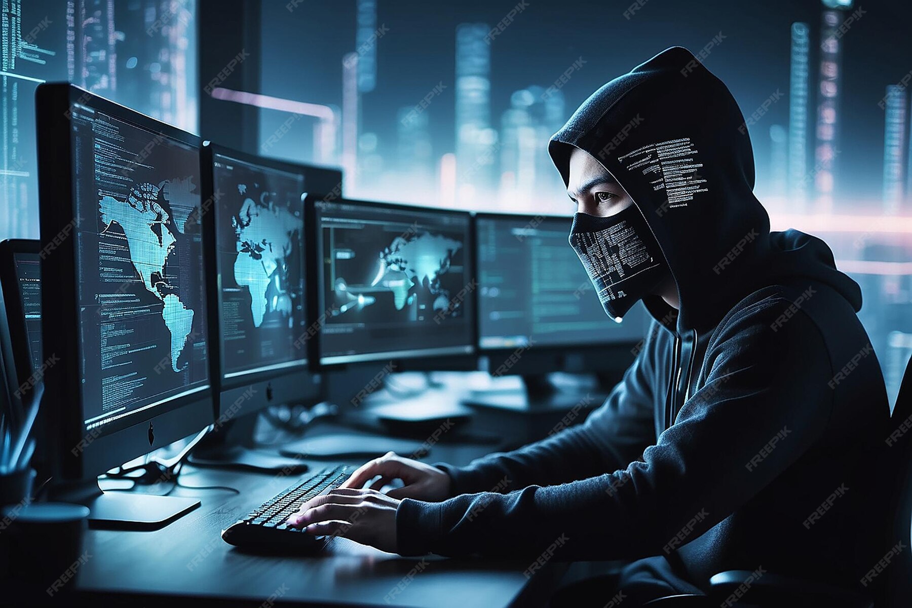 Premium Photo | Side view of hacker using computers at desk with creative digital programming ...