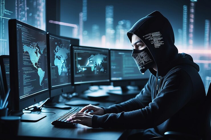 Premium Photo | Side view of hacker using computers at desk with ...