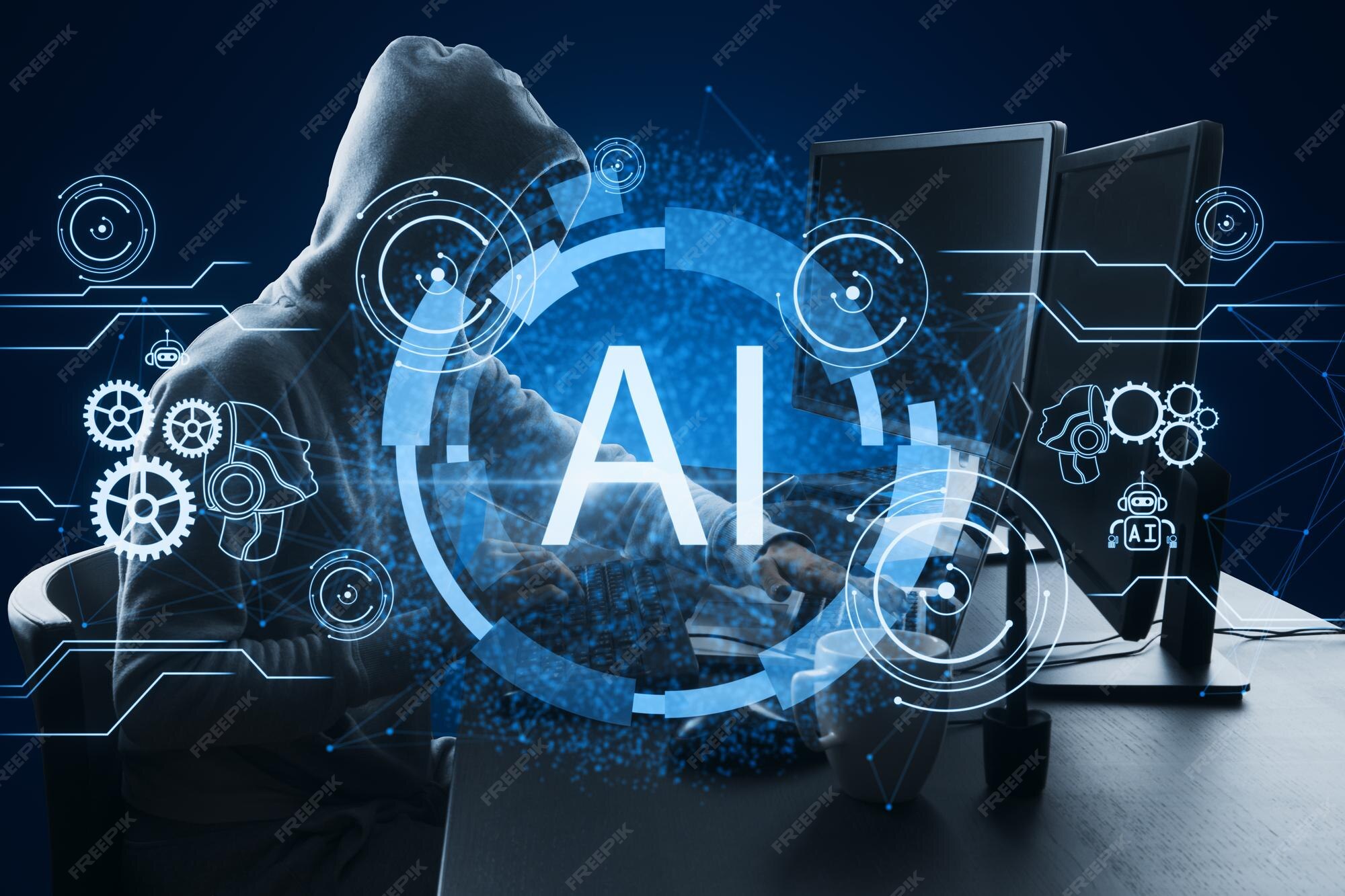 Premium Photo | Side view of hacker using computers at desk with ...