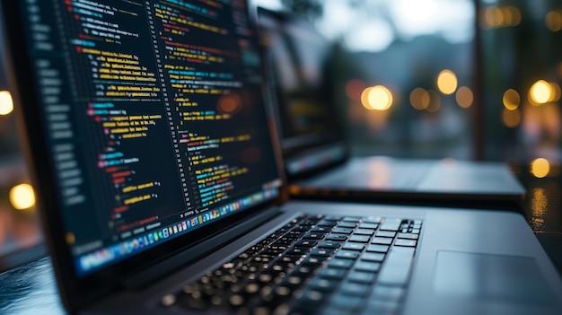 Side view of a laptop engaged in AI programming Coding and developing ...