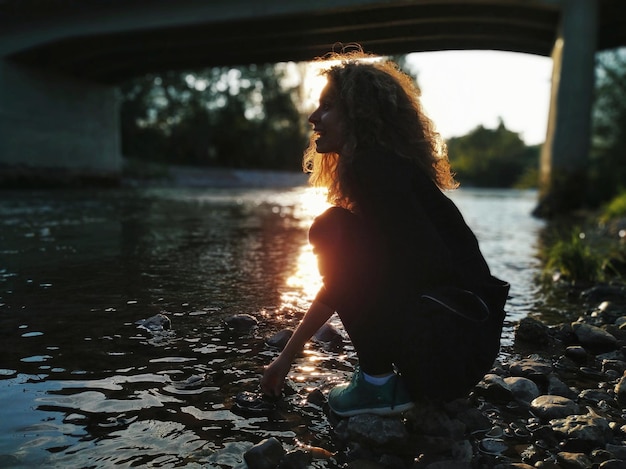 Premium Photo Side View Of Woman Crouching At River