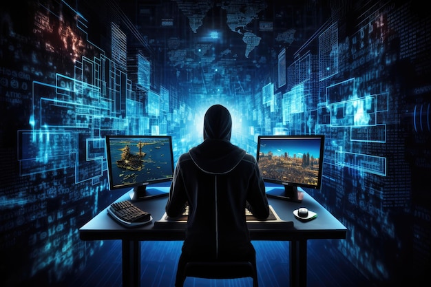 Premium Photo Silhouette Of Hacker In Front Of Computer Screen With Binary Code Internet
