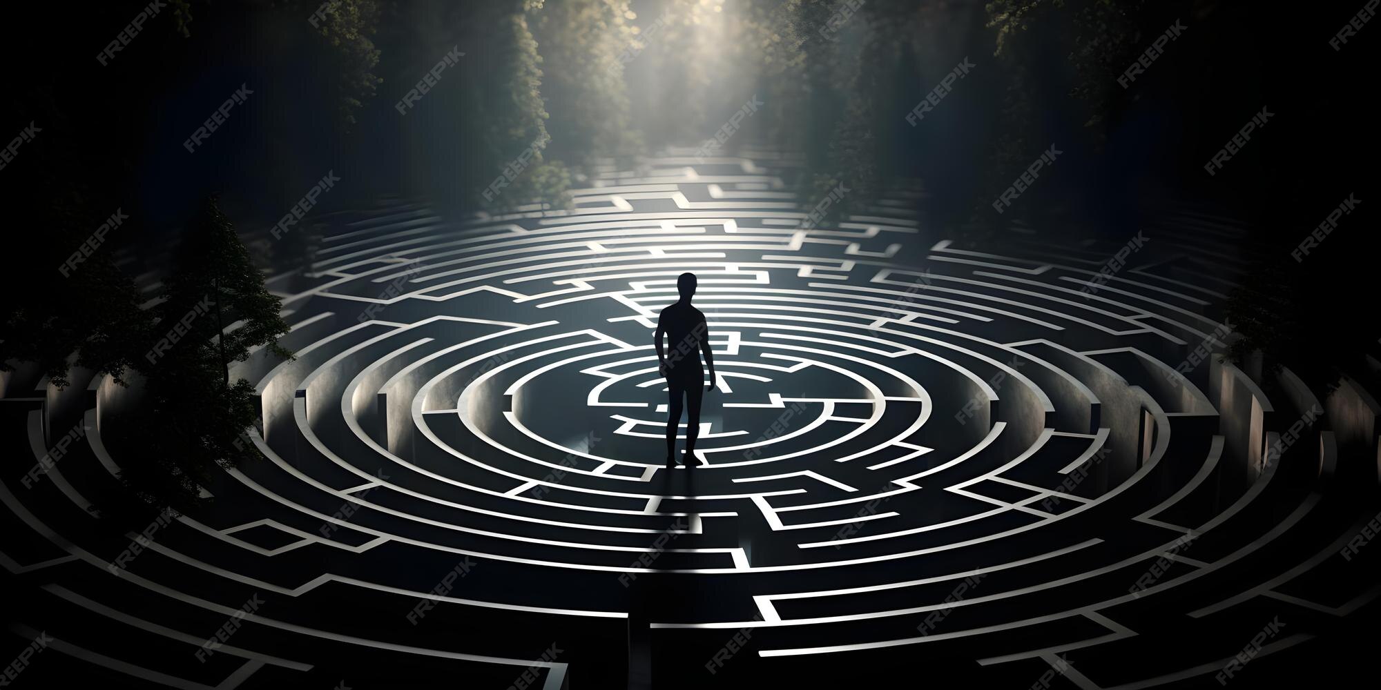 Silhouette of man navigating a maze seeking selfdiscovery and ... Silhouette of man navigating a maze seeking selfdiscovery and ...