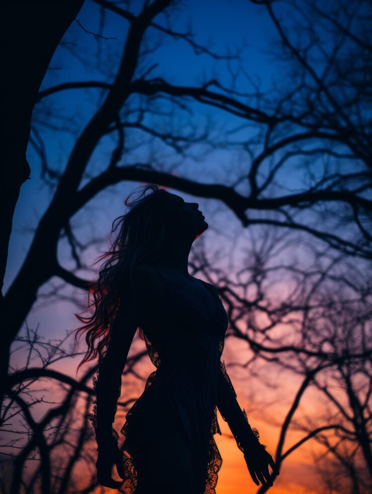 Premium Photo Silhouette Of A Woman Standing In Front Of Trees At Sunset