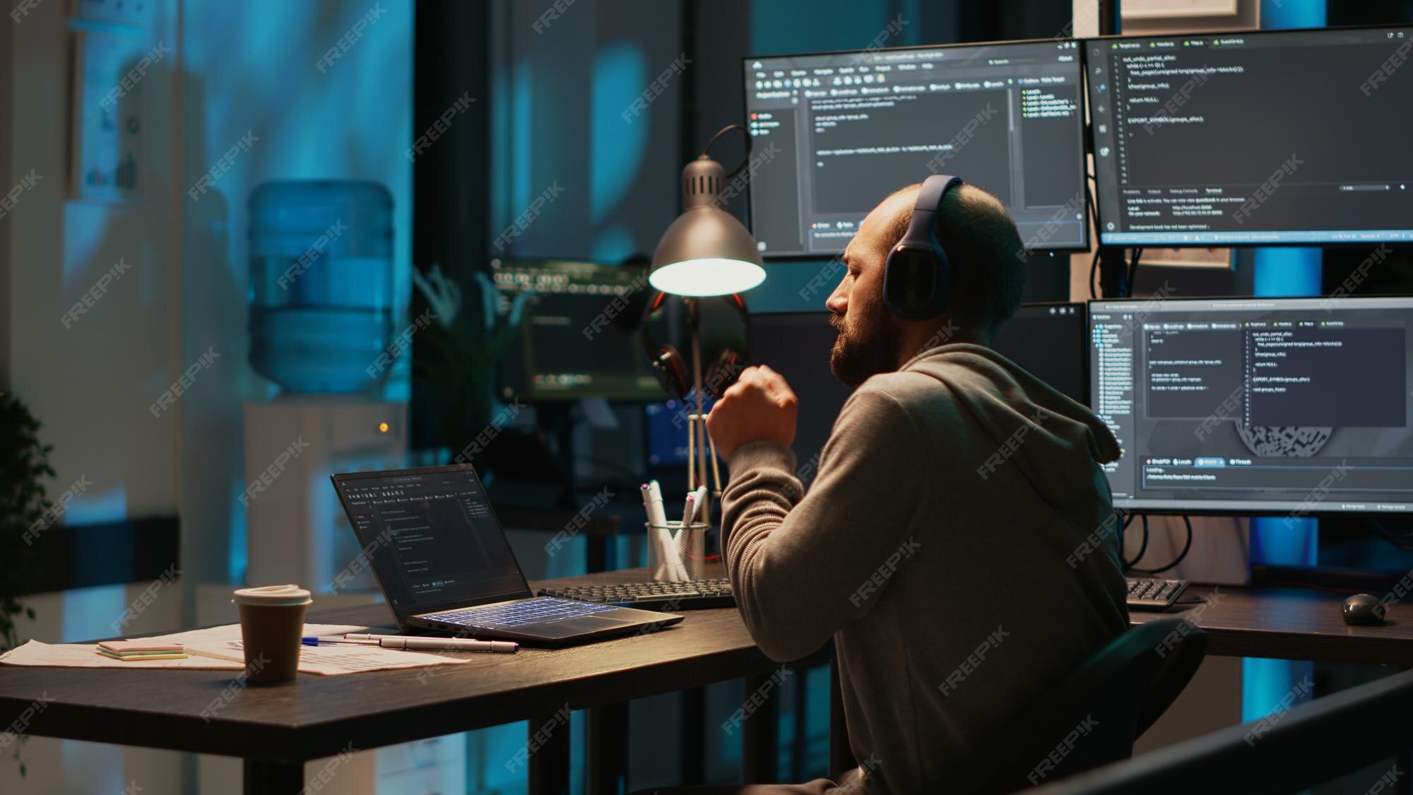 Premium Photo | Silly web developer playing air drums and listening to music on headset ...