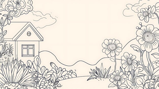 A simple line drawing of a small house in a field of flowers and plants ... A simple line drawing of a small house in a field of flowers and plants ...