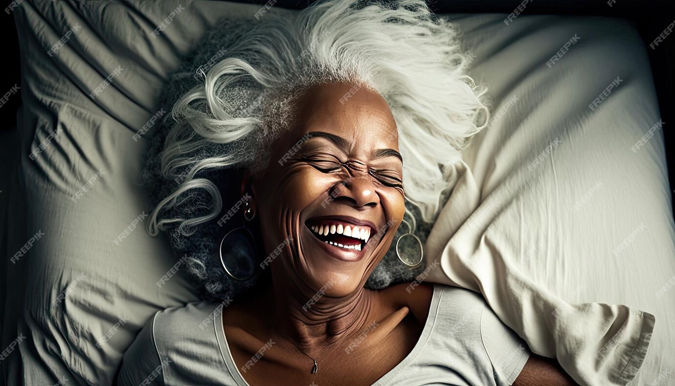 Premium Photo Sincere Smile Of An Exultant Mature Woman With White Hair Waking Up Generative Ai