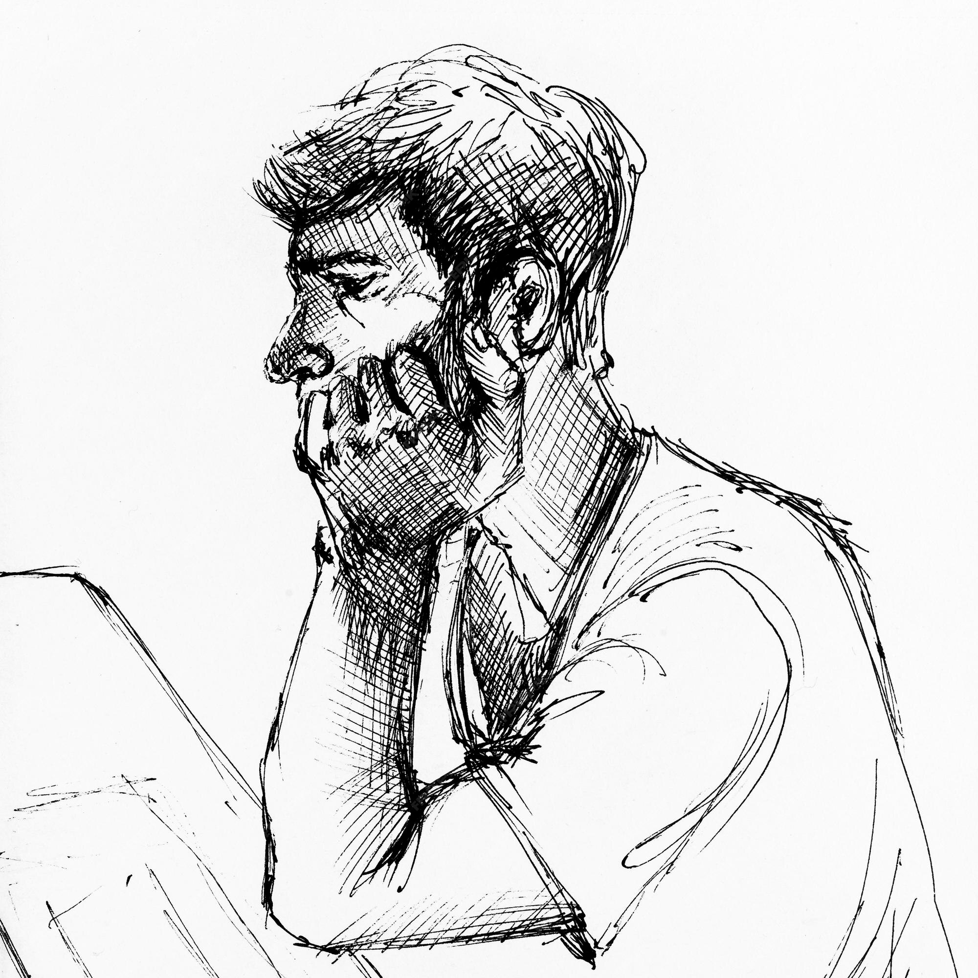 Premium Photo Sketch Of Young Thoughtful Guy With Hand Under Chin Drawing By Hands With Black