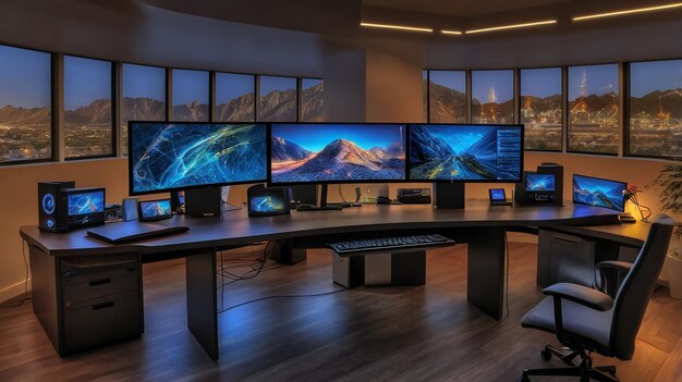 Sleek modern computer workstation with multiple screens | Premium AI ... Sleek modern computer workstation with multiple screens | Premium AI ...
