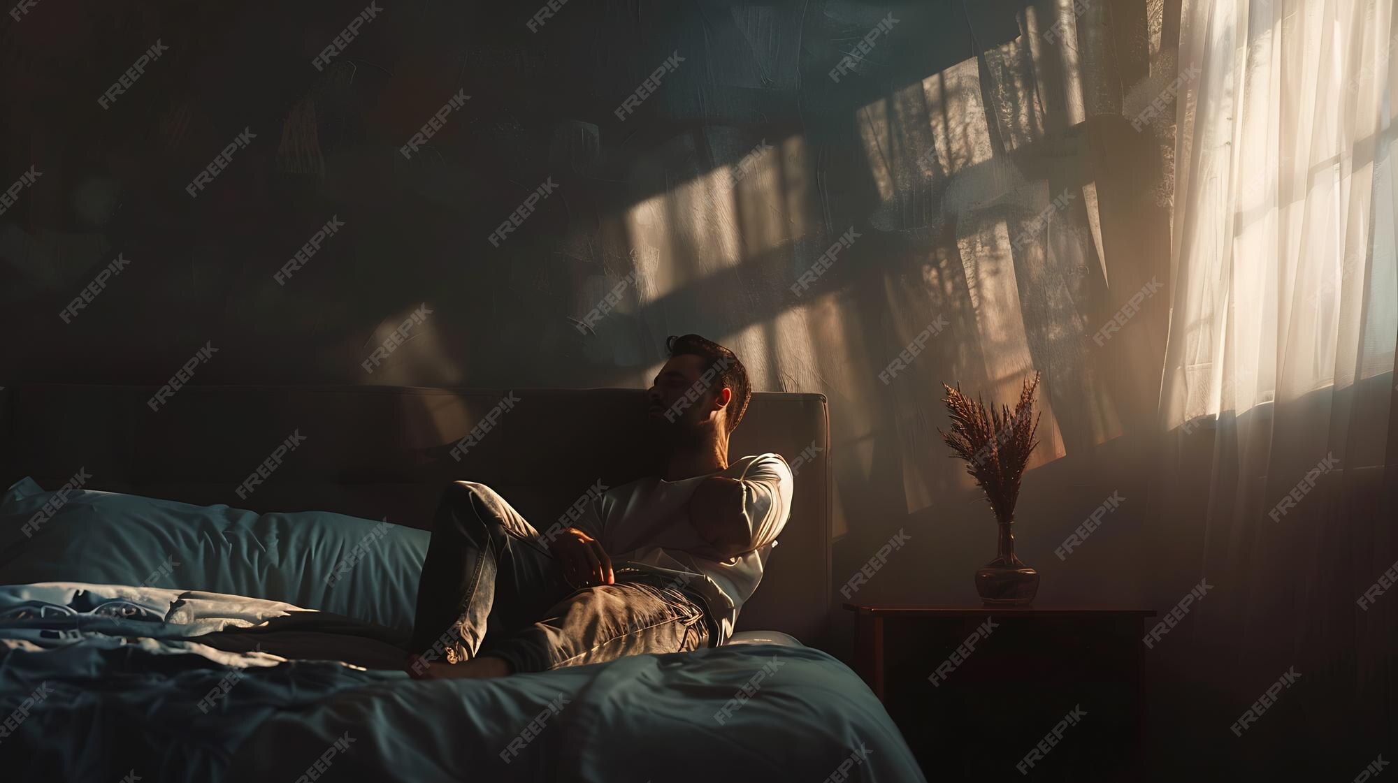 Premium Photo | Sleep deprived man sitting on bed at home Space for ... Premium Photo | Sleep deprived man sitting on bed at home Space for ...