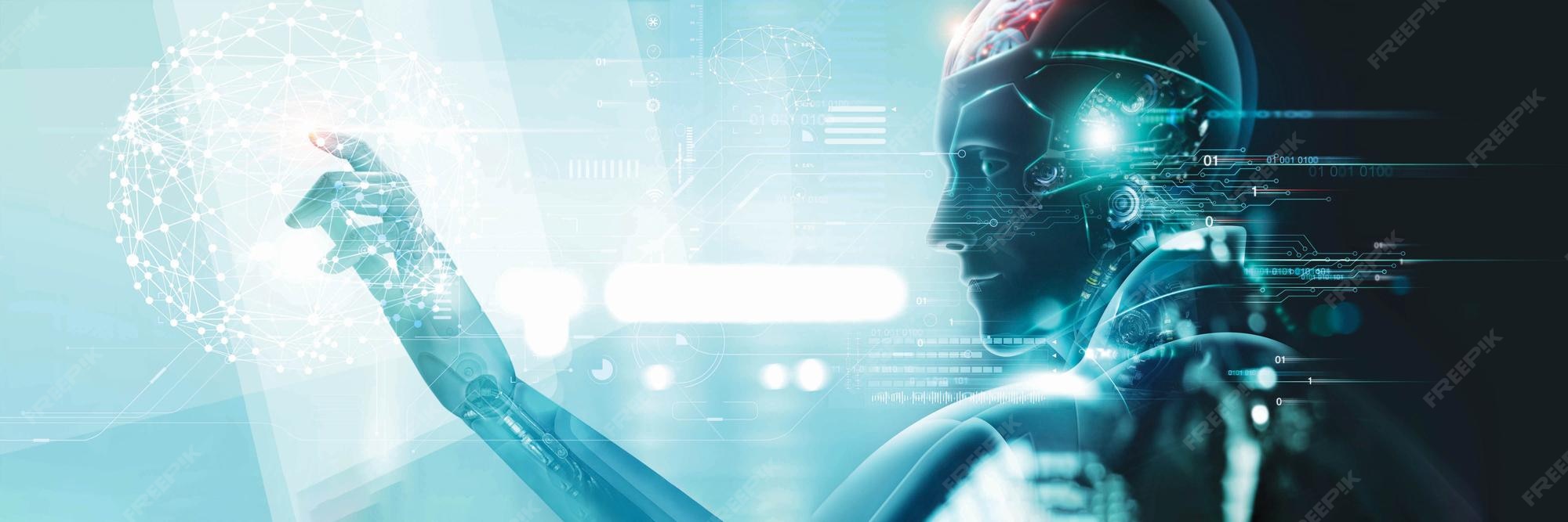 Premium Photo | Smart AI Robot programmer touch Internet network and ...