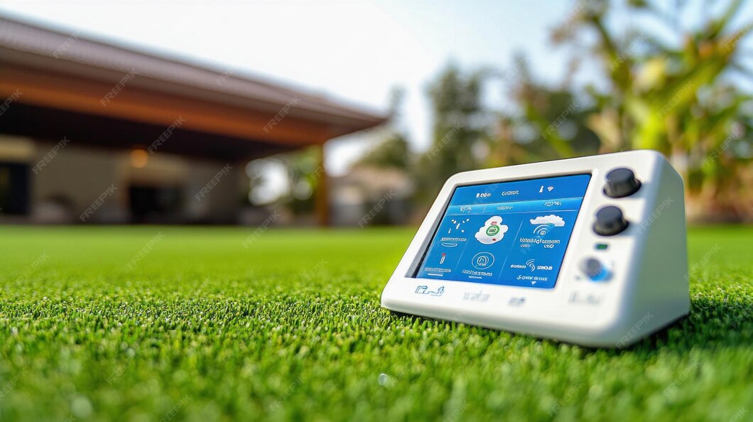Smart irrigation controller managing water usage on lush green lawn ... Smart irrigation controller managing water usage on lush green lawn ...