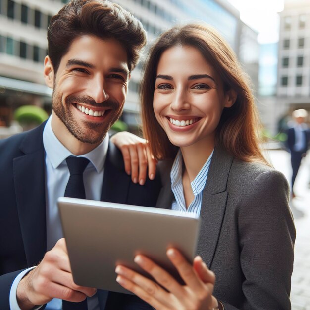 Premium Photo Smiling Business People Using Digital Tablet In The City