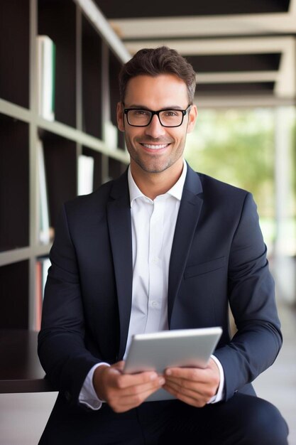 Premium Photo Smiling Businessman Holding Tablet Pc Sitting At Office