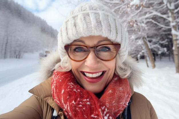 Premium Photo Smiling Mature Woman Taking A Selfie On A Snowy Winter Day