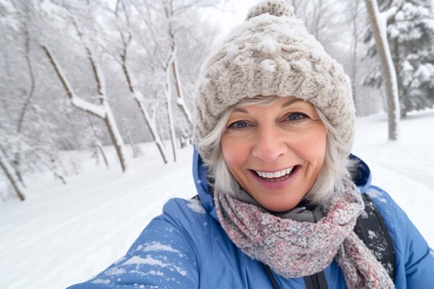 Premium Photo Smiling Mature Woman Taking A Selfie On A Snowy Winter Day