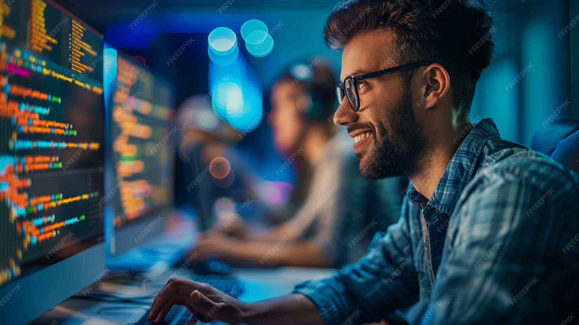 Smiling Programmer Coding in HighTech Office Generative AI | Premium AI-generated image