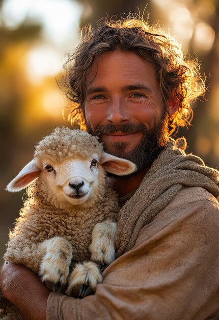 Smiling shepherd holds a lamb in warm sunset light A shepherd joyfully ... Smiling shepherd holds a lamb in warm sunset light A shepherd joyfully ...