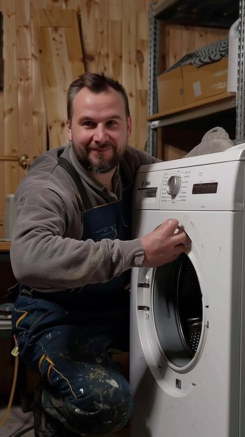 Smiling Technician Repairing Washing Machine | Premium AI-generated image Smiling Technician Repairing Washing Machine | Premium AI-generated image