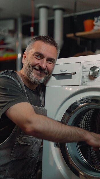 Smiling Technician Repairing Washing Machine | Premium AI-generated image Smiling Technician Repairing Washing Machine | Premium AI-generated image