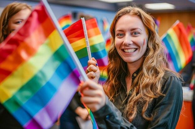 Premium Photo Smiling Woman Holding Rainbow Flags At Lgbtq Event