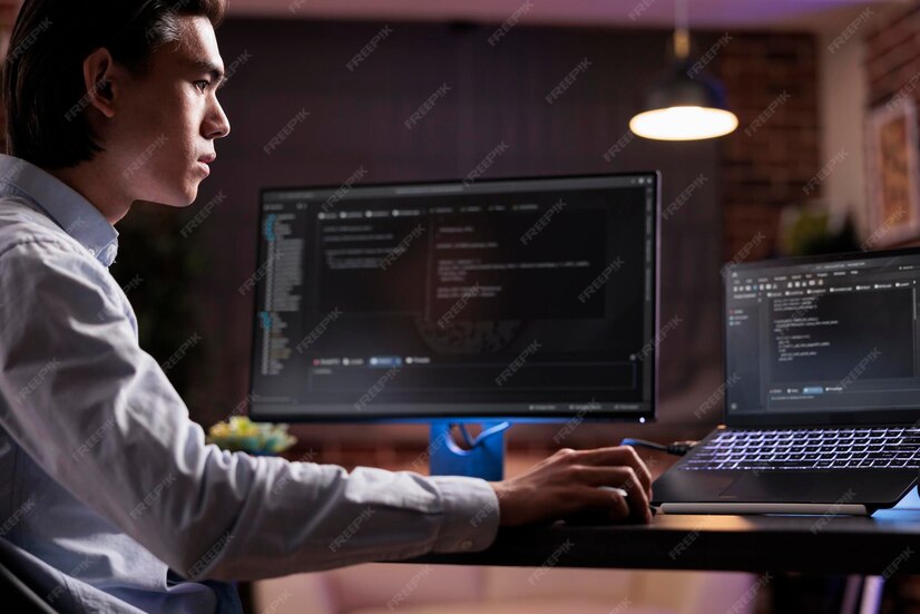 Premium Photo | Software developer coding firewall program on monitor and laptop, using ...