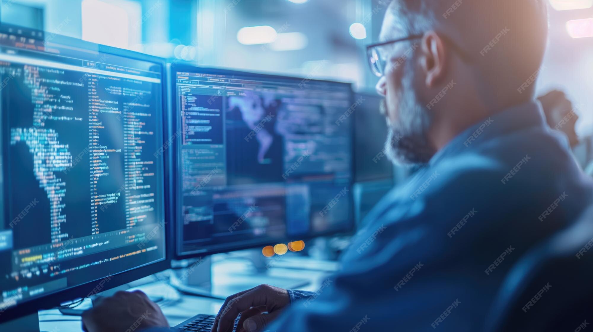 Premium Photo | Software developer coding on multiple computer monitors in a hightech office