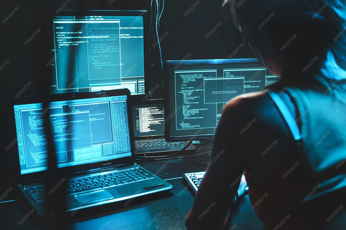 Premium Photo | Software developer freelancer woman female work with program code on wide ...