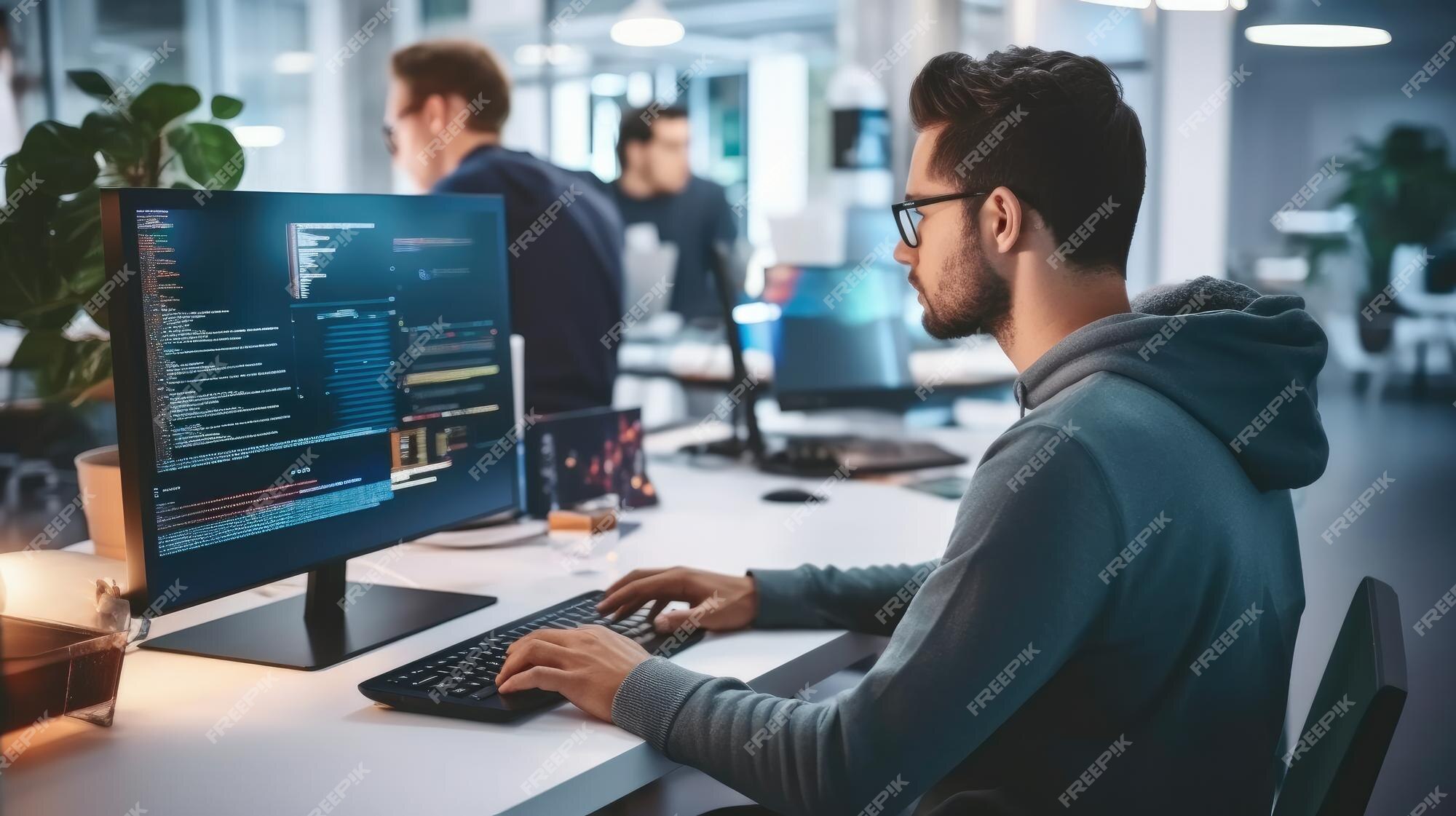 Premium Photo Software Developer And A Man At Computer For Coding Script Or Cyber Security In