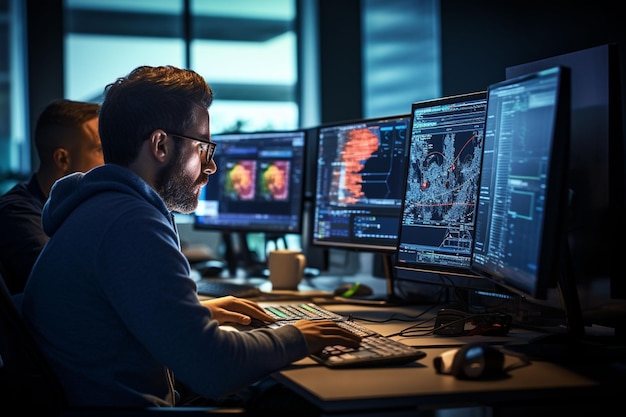 Premium Photo Software Developer And A Man At Computer For Coding Script Or Cyber Security In