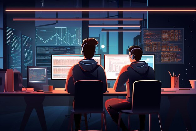 Premium Photo Software Developer And A Man At Computer For Coding Script Or Cyber Security In