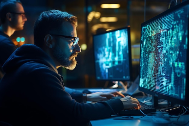 Premium Photo Software Developer And A Man At Computer For Coding Script Or Cyber Security In