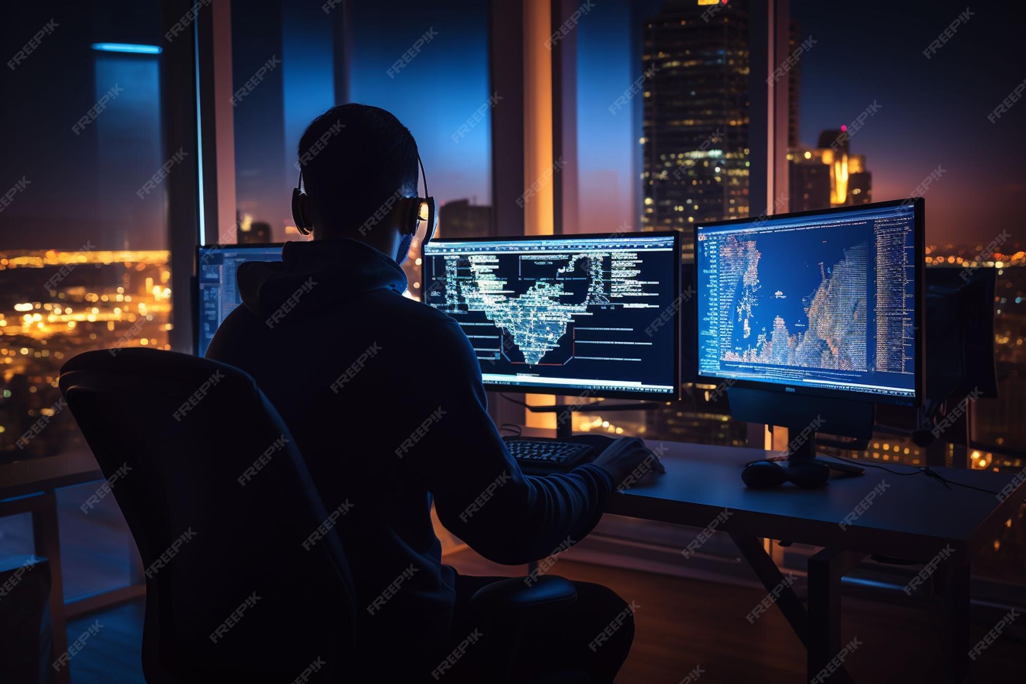 Premium Photo Software Developer And A Man At Computer For Coding Script Or Cyber Security In