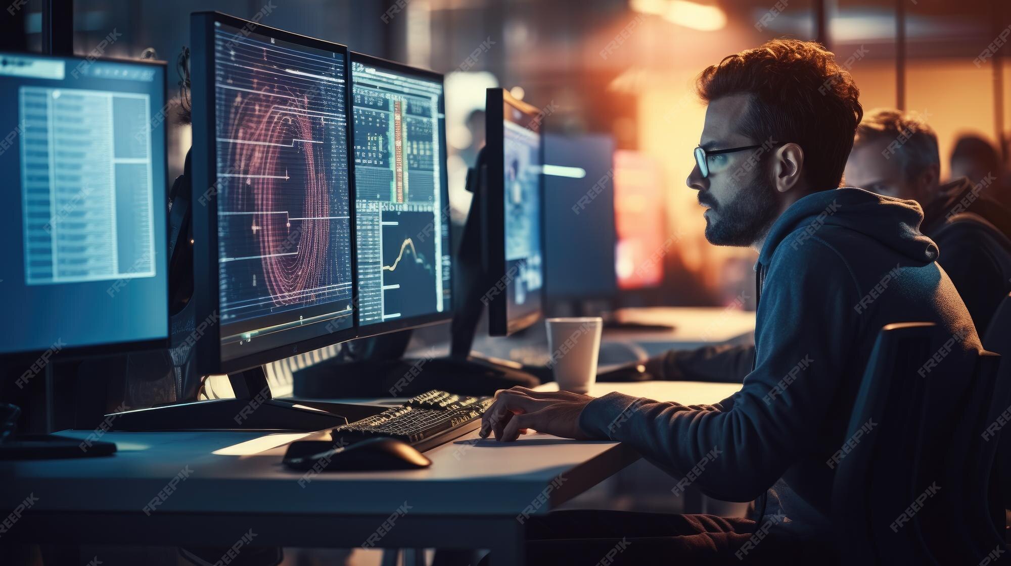 Premium Ai Image Software Developer And A Man At Computer For Coding Script Or Cyber Security