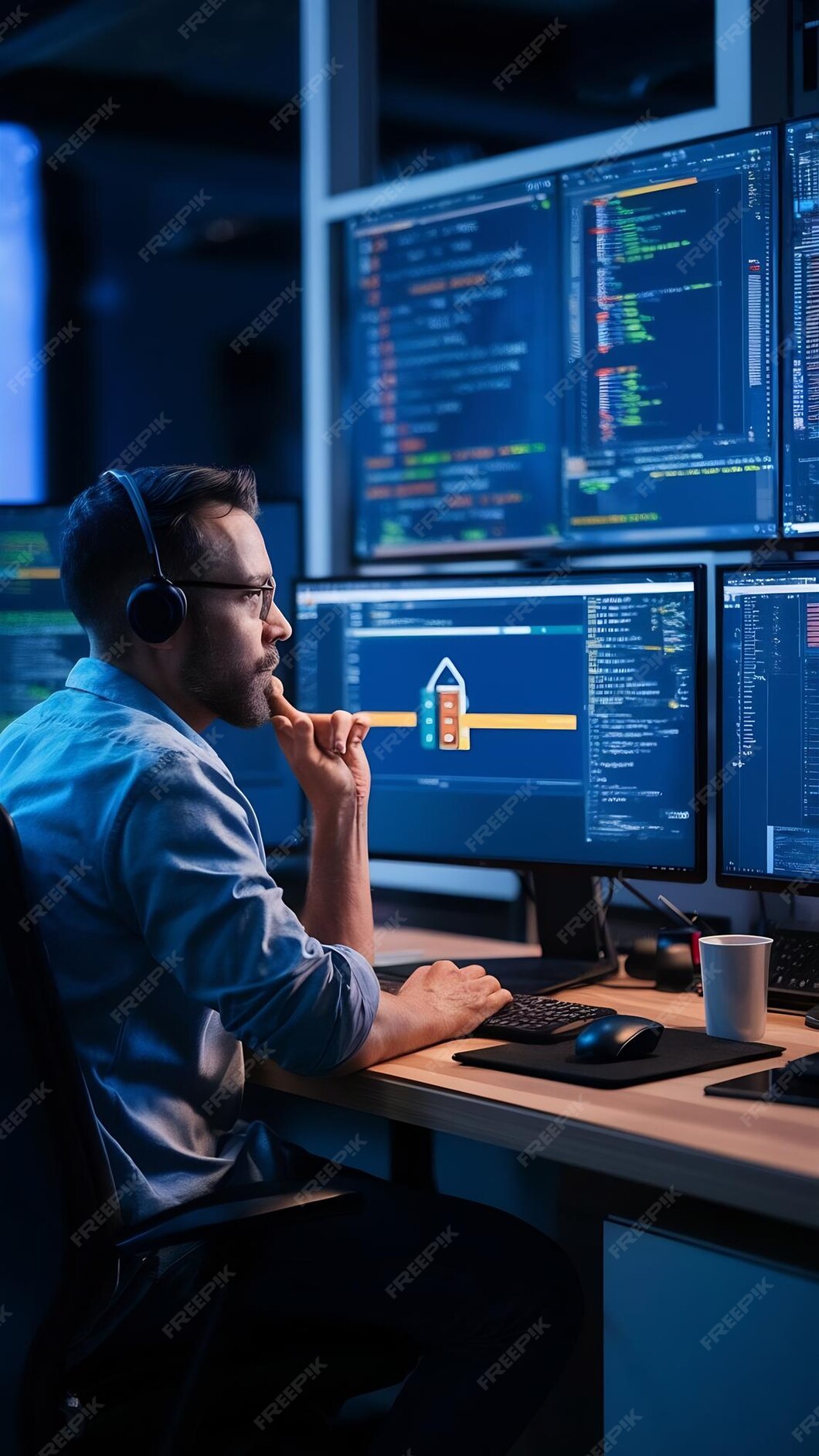 Software developer programming firewall security on multiple monitors learning new user ...