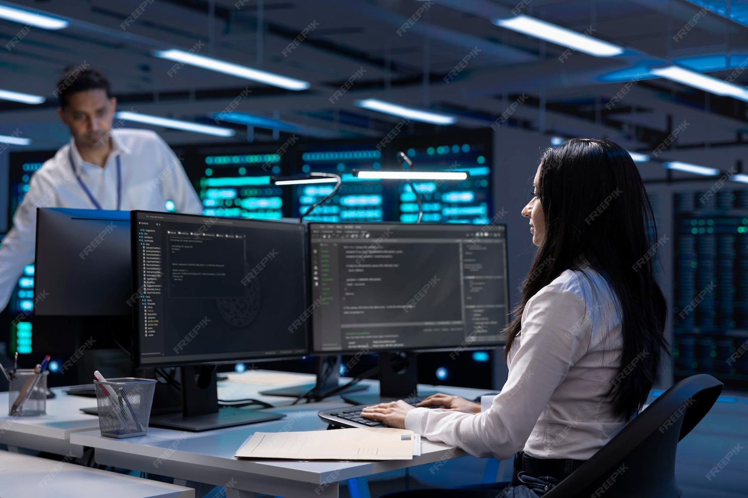 Premium Photo | Software developer using computer optimizing data center performance