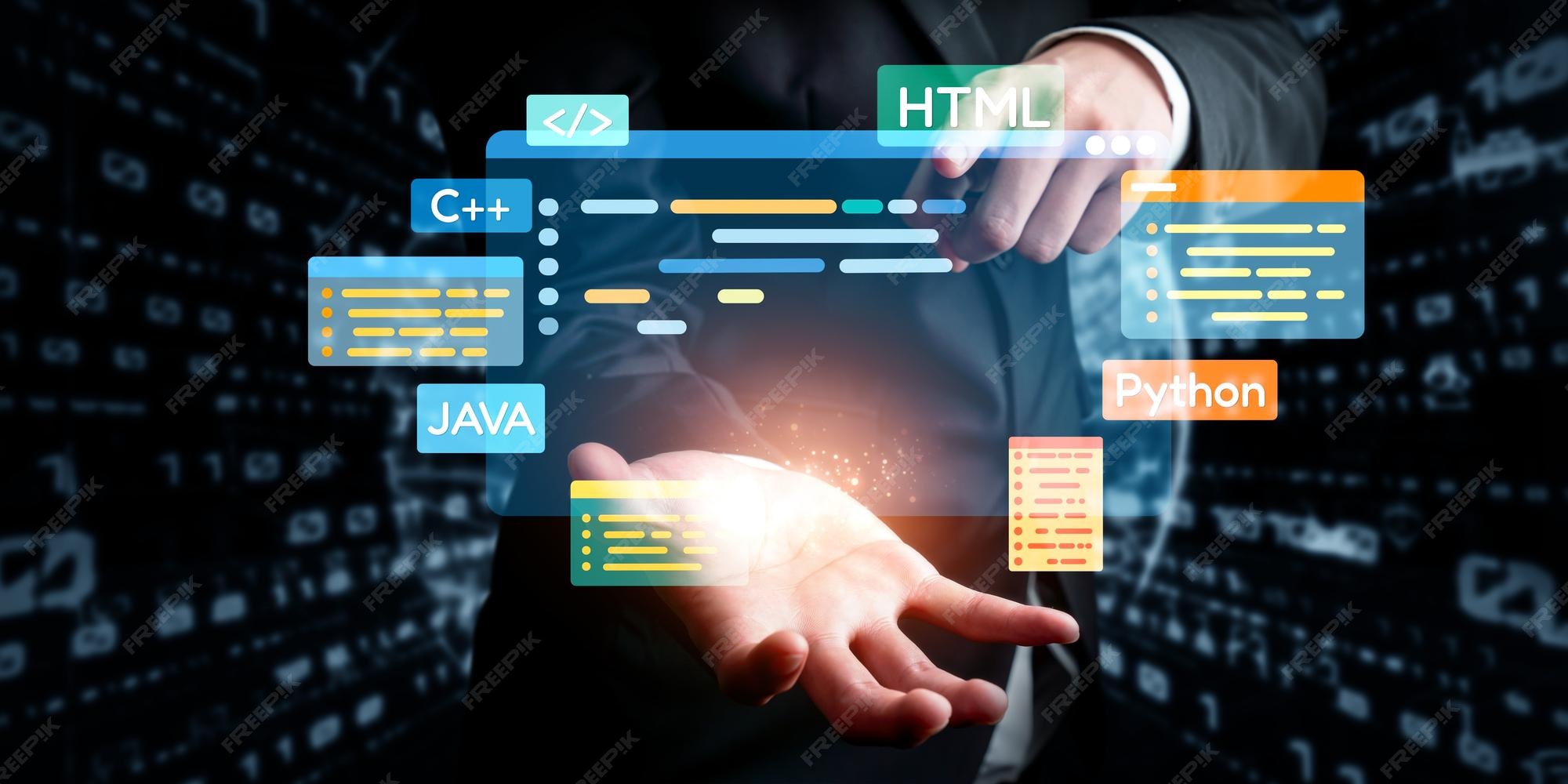 Premium Photo | Software developer work with coding overlays of programming languages eide