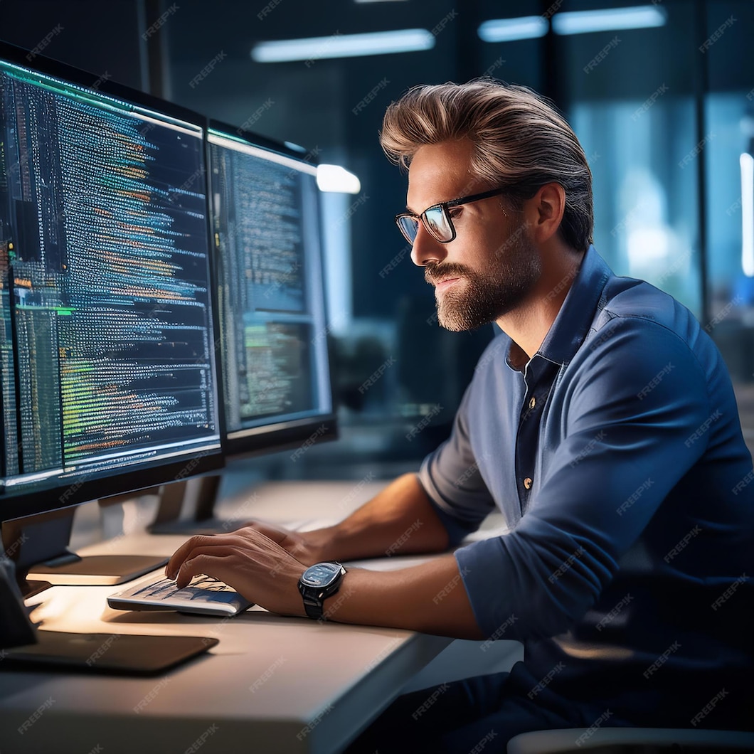 Software developer working at a computer illustrating technology coding and programming ...