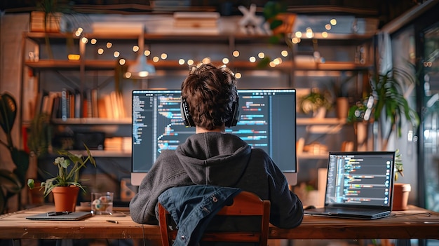 Software Developer Working From Home Office Setup On Multiple Monitors Coding On Desktop