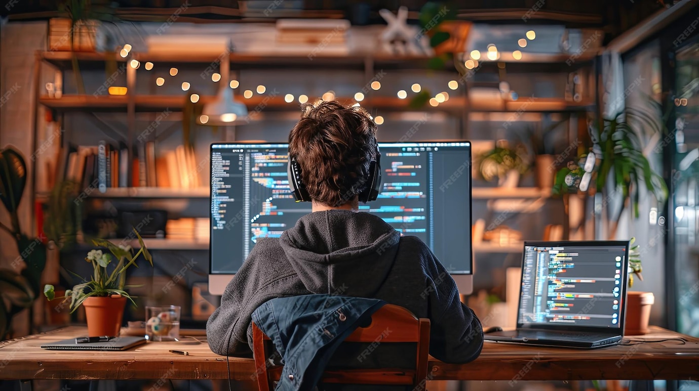 Software Developer Working From Home Office Setup On Multiple Monitors Coding On Desktop