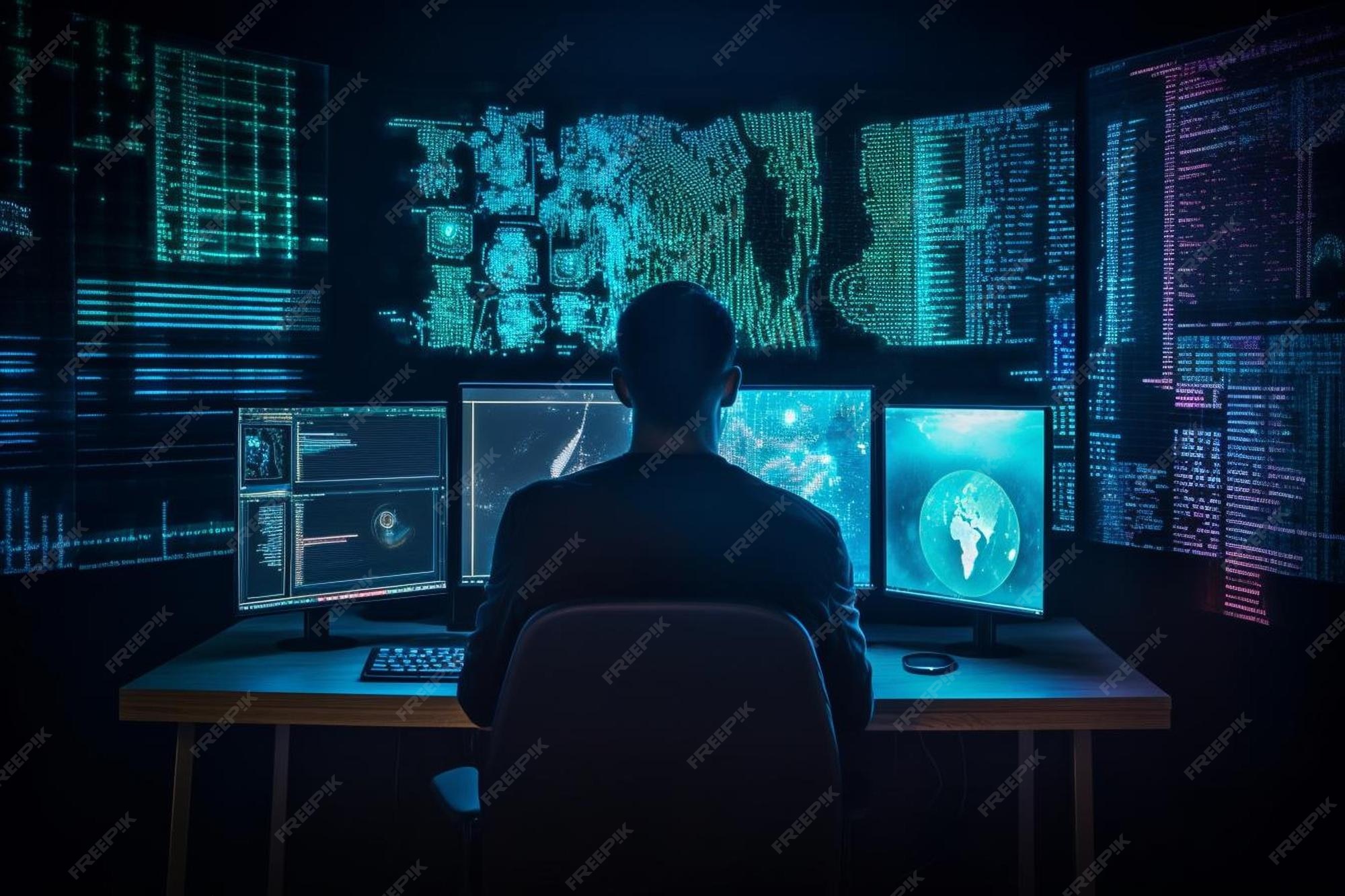 Premium AI Image | software developer works with ai analysis on his computer with two monitors ...