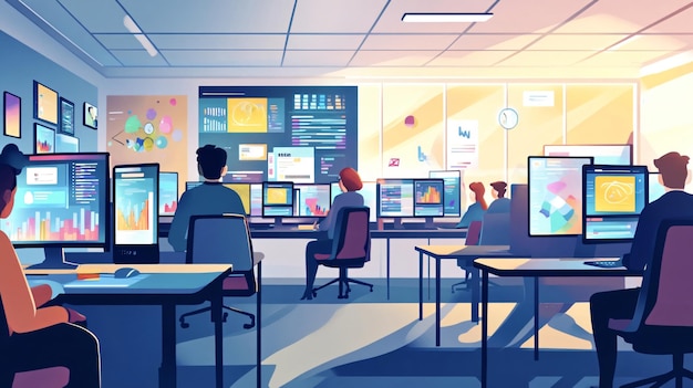 Software Developers Team Working Using Multiple Computer Screens Showing Code Premium Ai