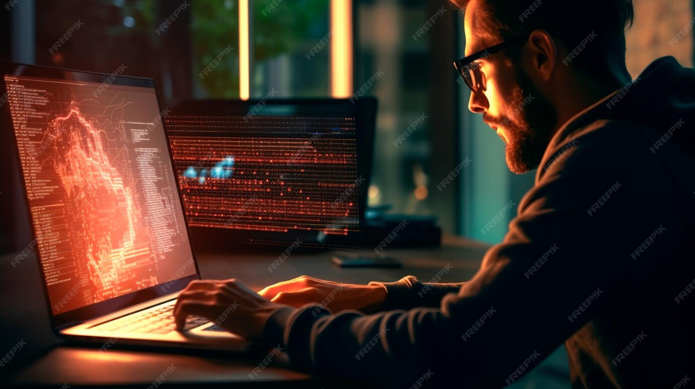 소프트웨어 개발 개념 Iot 디지털 기술의 가상 화면 인터넷에서 자바스크립트 컴퓨터 코드를 사용하여 랩톱에서 작업하는 코딩 프로그래머 소프트웨어 엔지니어 Generative