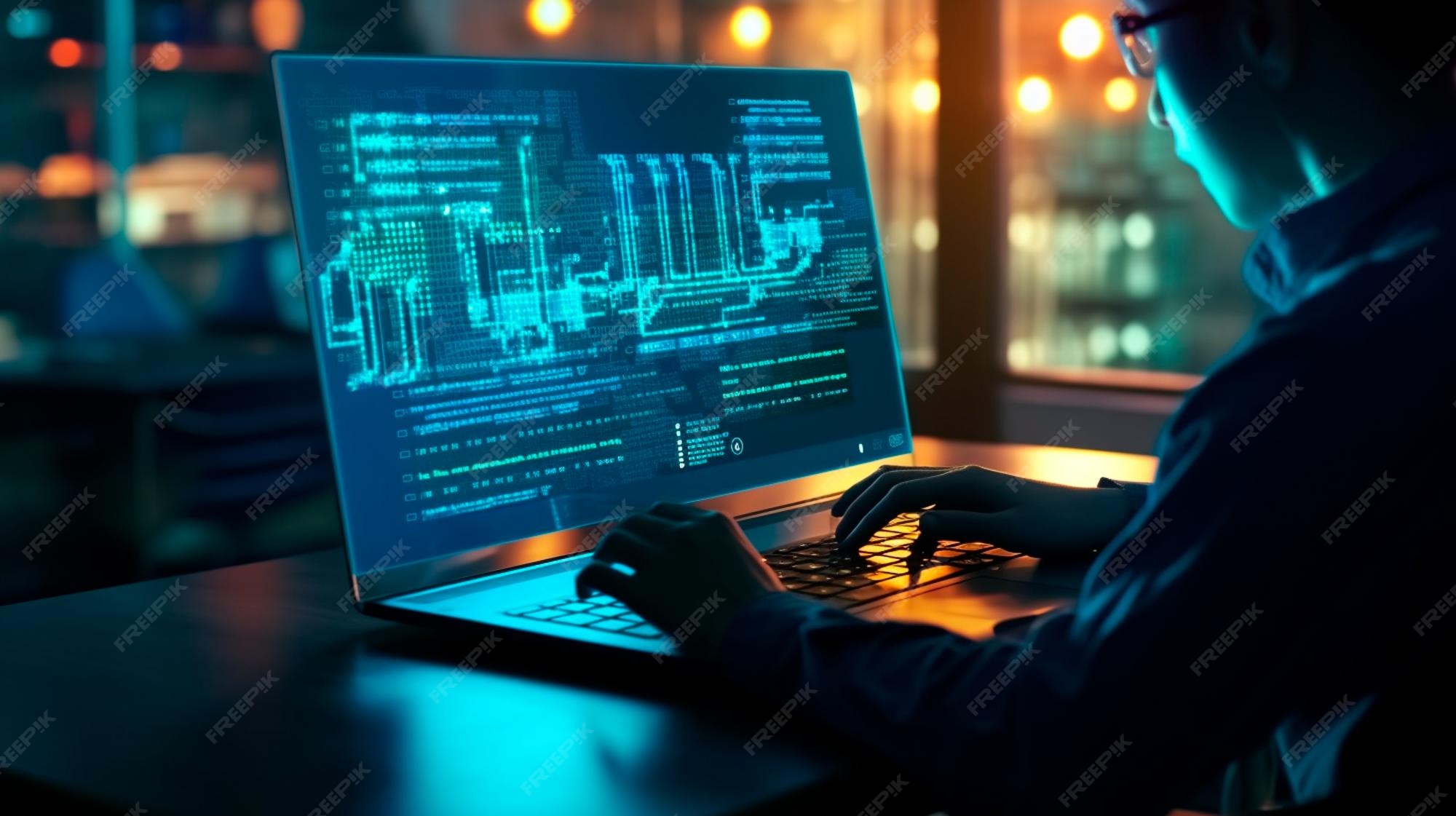 소프트웨어 개발 개념 Iot 디지털 기술의 가상 화면 인터넷에서 자바스크립트 컴퓨터 코드를 사용하여 랩톱에서 작업하는 코딩 프로그래머 소프트웨어 엔지니어 Generative