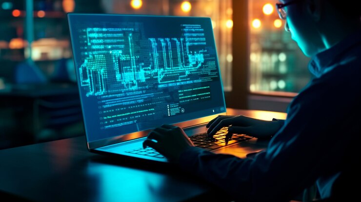 소프트웨어 개발 개념 Iot 디지털 기술의 가상 화면 인터넷에서 자바스크립트 컴퓨터 코드를 사용하여 랩톱에서 작업하는 코딩