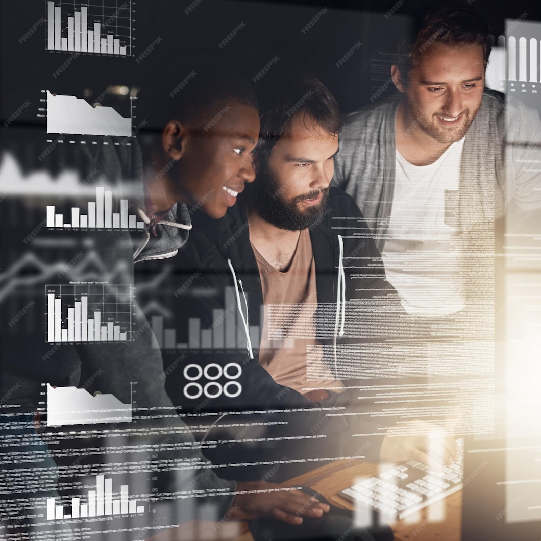 Premium Photo | Software development overlay man and team with computer ...