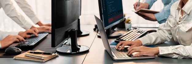 Premium Photo Software Development Team Working Together In Office Coding Script Display On