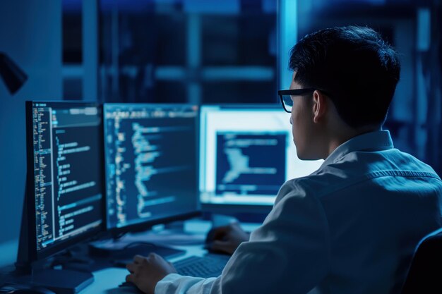 Premium AI Image | Software develper man wearing glasses working coding ... Premium AI Image | Software develper man wearing glasses working coding ...